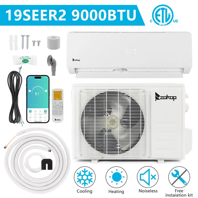 9000 BTU AC Ductless Mini Split Air Conditioner Cooling/Heating 19 SEER ...