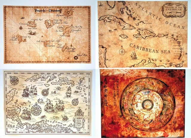 SET OF 4 - 1/6 Scale Pirate Maps Pirates of the Caribbean Jack Sparrow ...