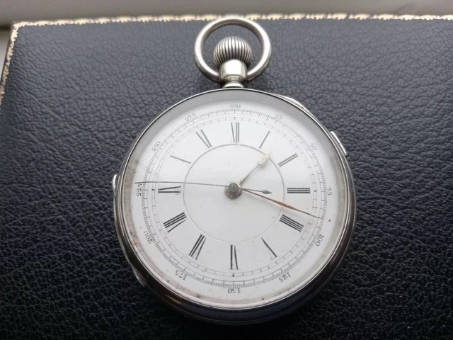 ANTIQUE LARGE CENTRE seconds chronograph silver pocket watch. 1880 ...