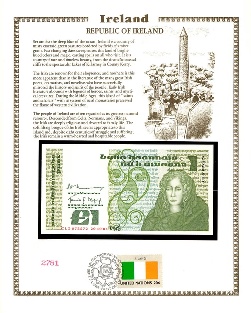 IRELAND BANKNOTE 1 Pound 1981 P-70b UNC w/FDI UN FLAG STAMP CLG 872572 ...