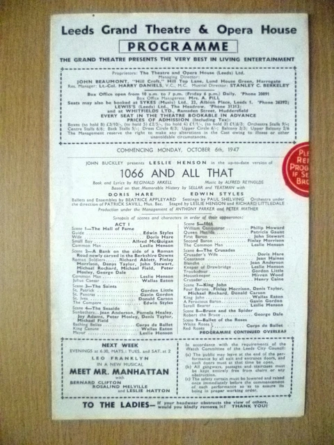 LEEDS GRAND THEATRE & Opera 1947- Leslie Henson in 1066 AND ALL THAT~ R ...