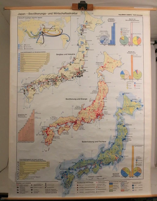 SCHOOL WALL MAP Rolling Map Japan Economy Population 1:2000000 Mural £ ...