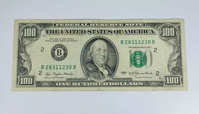 1977 B 100 One Hundred Dollar Bill Federal Reserve Note Vintage 140 1977-b-100-one-hundred-dollar-bill-federal-reserve-note-vintage-140