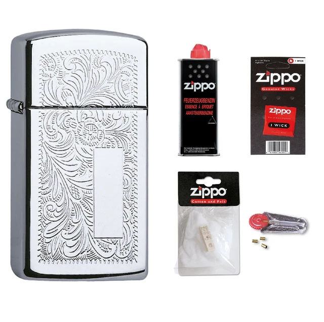 ZIPPO FEUERZEUG VENETIAN Chrome SLIM Chrom mit oder ohne Zubehör nach Wahl NEU EUR 62,95 ...