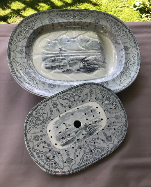 ANTIQUE COPELAND SPODE Meat Platter + Drainer Richmond Grey & White ...