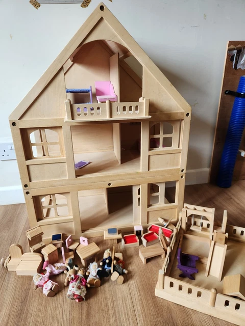 3 STOREY WOODEN ELC Dolls House with garden, furniture & figurines £30. ...