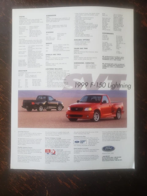 FORD SVT F-150 Lightning Pick-up, 1999 USA Market Single Sheet Sales Brochure £5.99 - PicClick UK