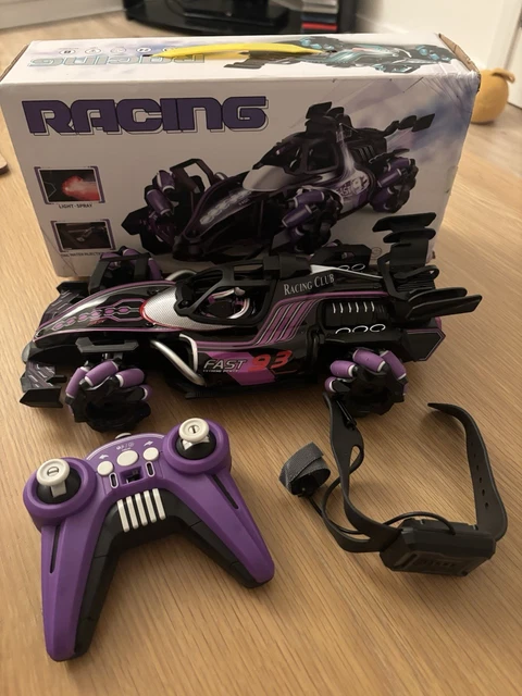 RACING CAR PURPLE Remote Control & Hand Control Lights & Spray can spin ...