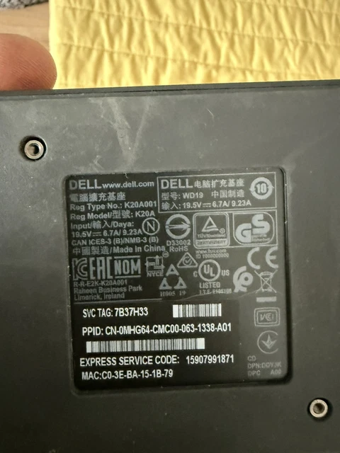 GENUINE DELL WD19 K20A001 K20A Thunderbolt USB-C Docking Station & 130W ...