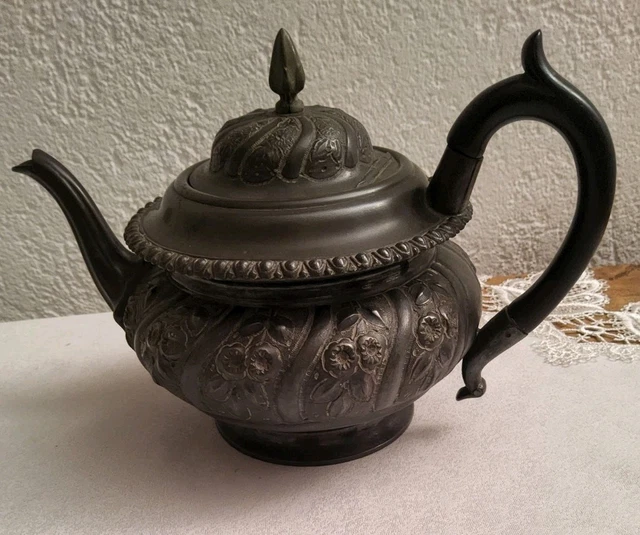 ANTIKE ZINN KANNE Tee Kanne mit Deckel Und Ebenholz Henkel ca. 1870 ...