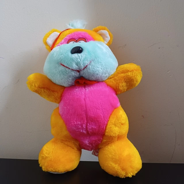 VINTAGE PLAYMAKERS ORANGE Pink & Blue Teddy Bear Tufty Hair 90's Soft ...