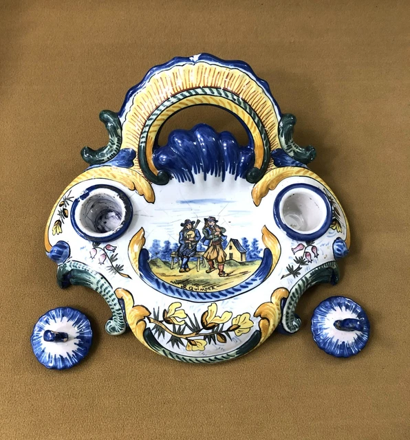 ANCIEN GRAND ENCRIER double en faience signé HR QUIMPER 25 cm Céramique ...