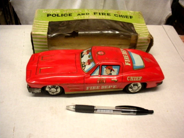 FIRE DEPT FIRE CHIEF CAR LATTA FRICTION TIN TOY 25cm TAIYO JAPAN mai ...