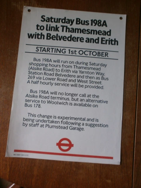 LONDON TRANSPORT BUS Stop Timetable Panel Poster-Route 198A to ...