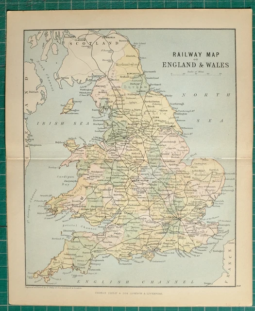1882 SMALL ANTIQUE County Map ~ England & Wales Railways Birmingham ...