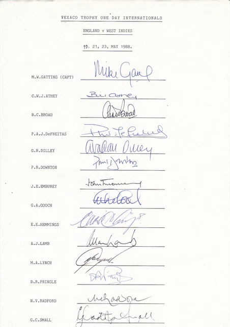 CRICKET ENGLAND V West Indies Signed 1988 Texaco Trophy Squad Team ...
