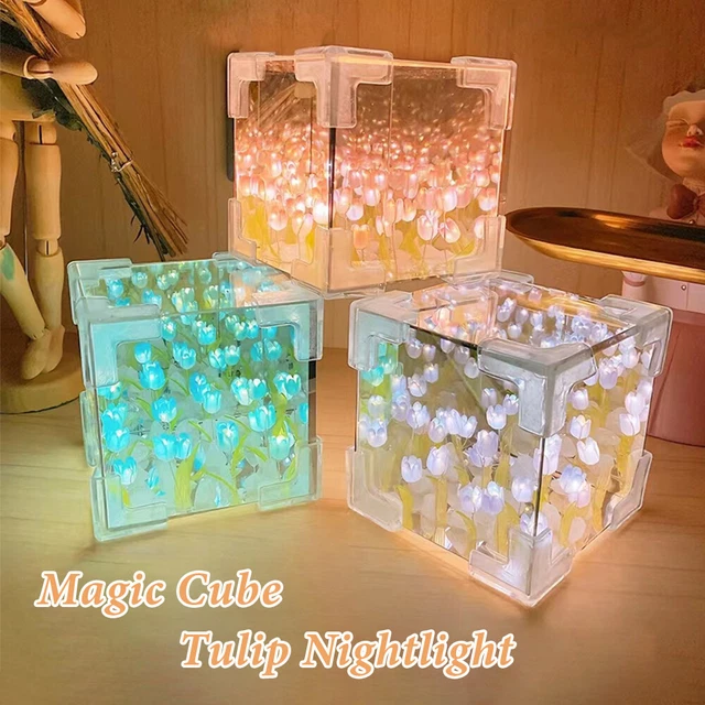 DIY TULIP MIRROR Night Light Cube Mirror Lamp LED Tulips Flower Desktop ...