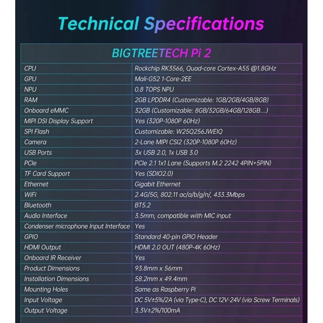 PI 2 RK3566 Quad-Core 2GB ROM 32GB 2.4G WiFi 40Pin GPIO for Klipper5108 ...