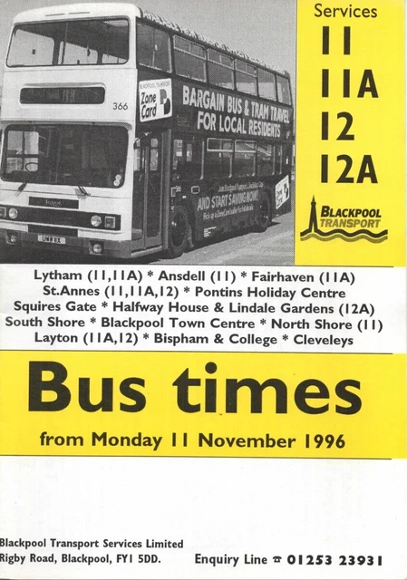 BLACKPOOL TRANSPORT BUS Timetable - 11/11A/12- Lytham-Cleveleys ...