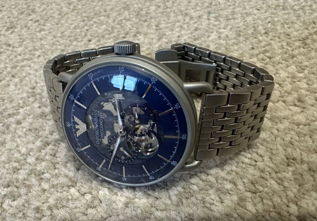 EMPORIO ARMANI AR60024 meccanico blue dial s/steel men's skeleton watch ...