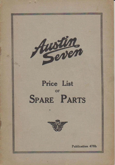 AUSTIN SEVEN 7 original Price List of Spare Parts 1927? No. 478h ...