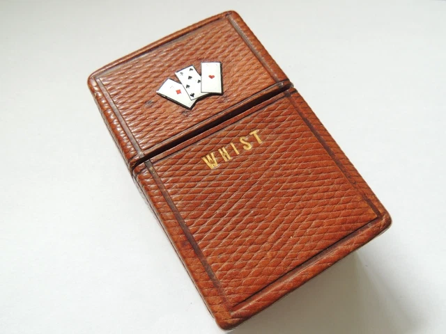 ANCIENNE BOITE DE Cartes Whist gainée de cuir et émaillée . enamel box ...