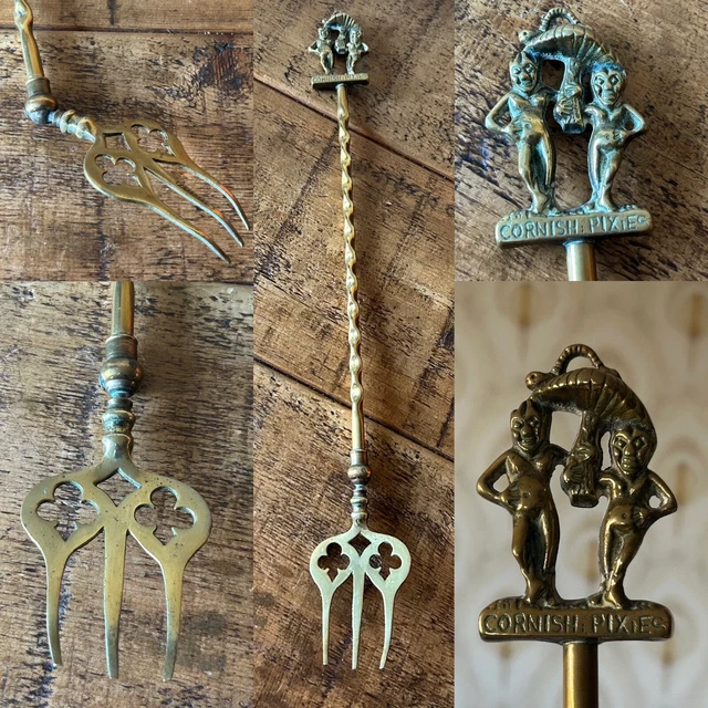 ANTIQUE ORIGINAL BRASS Toasting fork Cornish Pixies 1900s rare ball ...
