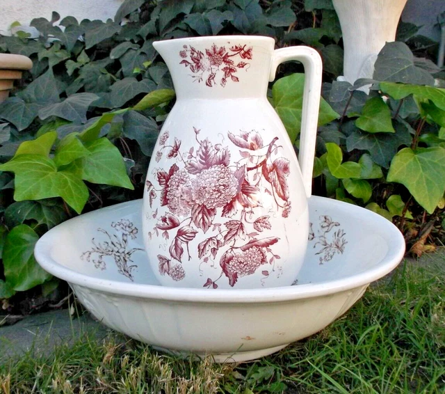 VICTORIAN ANTIQUE WASH Basin Pitcher Ironstone Ceramic Set Floral Bath ...