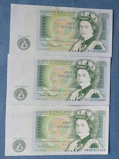 3 UNCIRCULATED 1 Pound Notes- Queen Elizabeth II -1981 Chief Cahier DHF ...