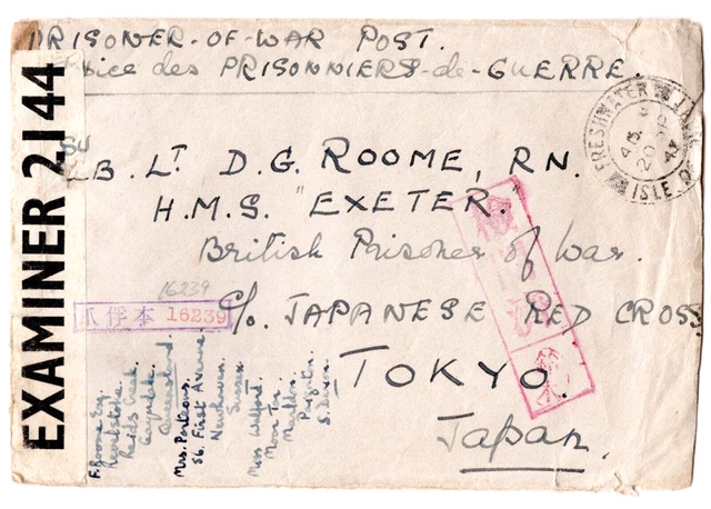 1943 WWII PRISONER of War Post Cover HMS Exeter c/o Japanese Red Cross ...
