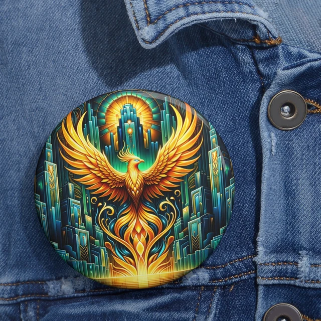 CUSTOM PIN BUTTON Badge Art Deco Radiant Rising Phoenix Retro Style ...