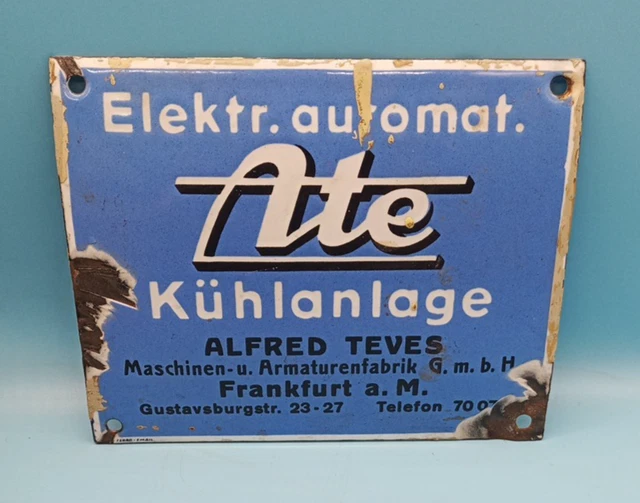 ORIG. EMAILLESCHILD &ATE Kühlanlagen Alfred Teves Frankfurt" um 1930 ...