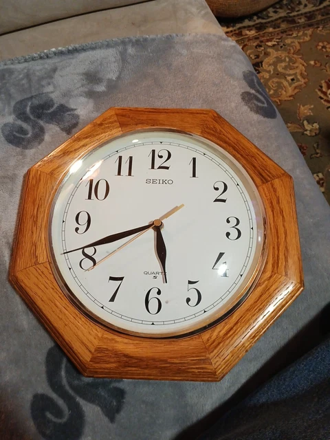 SEIKO QUARTZ OCTAGONAL Solid Oak Wall Analog Clock 12'' Battery Powered ...