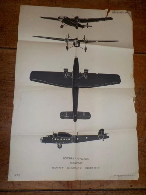 1941 WWII R.T.P. Aircraft Identification Wall Chart Of Bombay I (2 ...