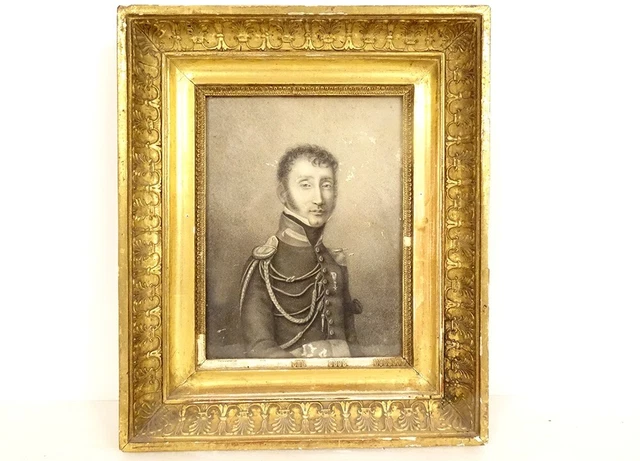 TABLEAU DESSIN PORTRAIT officier uniforme médaille cadre stuqué XIXè ...