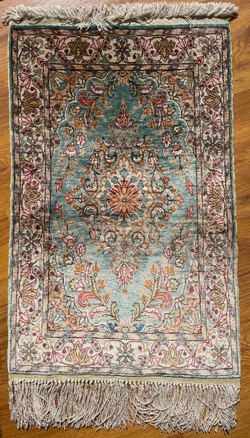 FINE HEREKE TURKISH silk rug tapis turc soie seide teppich green vert ...
