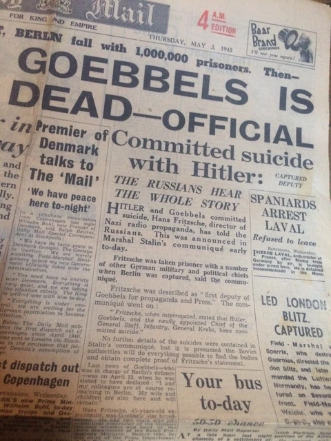 GENUINE GOEBBELS/ HITLER Death WW2 newspaper May 3rd 1945 EUR 17,58 ...