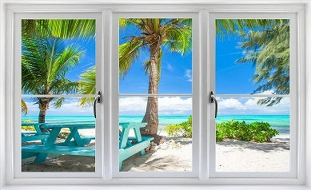 WINDOWSCAPE TROPICAL BEACH Day Picnic Table 3D Window Wall Decal Vinyl ...
