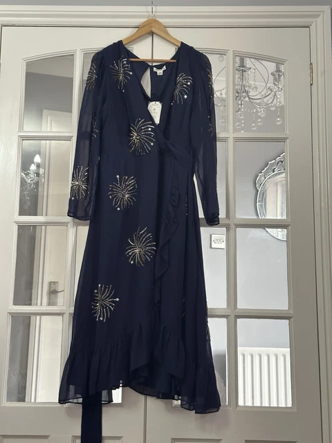 MONSOON NAVY BLUE Long Sleeved Wrap Dress When Star Beaded Details Size ...