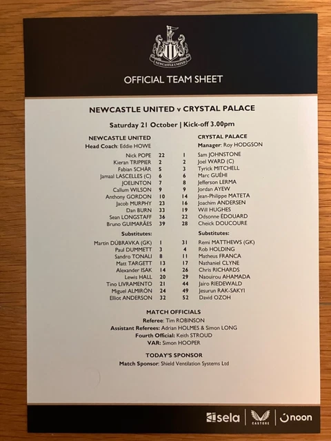 NEWCASTLE UNITED V Crystal Palace 21/10/2023 Club Format A5 Colour Team ...