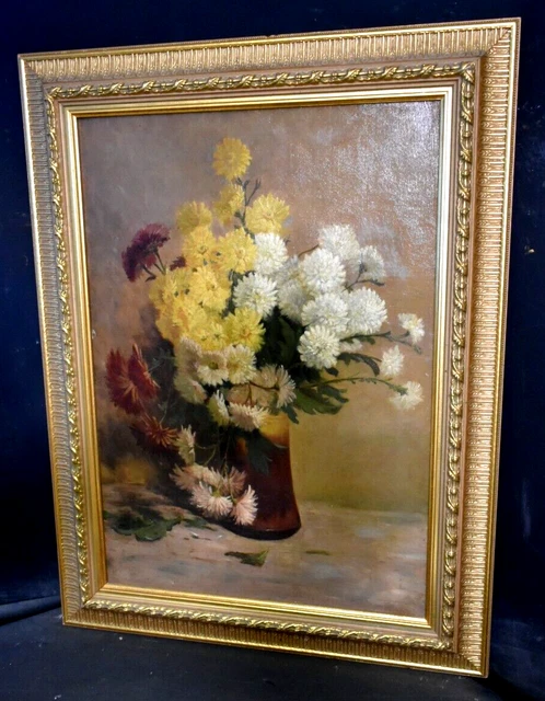 TABLEAU ANCIEN HUILE Nature morte aux fleurs chrysanthèmes signé XIXème EUR 299,00 - PicClick FR