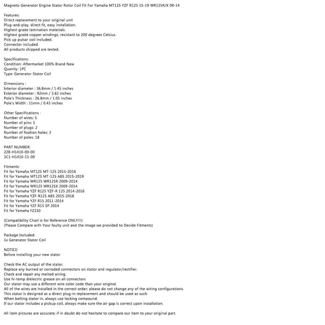 ALTERNATEUR STATOR POUR Yamaha YZF R15 R125 MT 125/FZ150 14-19 WR 125 R ...