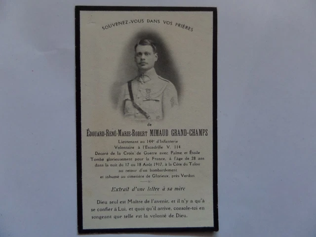 AVIS DE DÉCÈS lieutenant escadrille V 114 TOMBE 18 AOUT 17 COTE DE TALOU WWI EUR 37,50 - PicClick FR