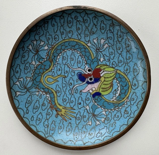 ANTIQUE VINTAGE CHINESE Dragon Cloisonné Blue Enamel Design Small Dish ...