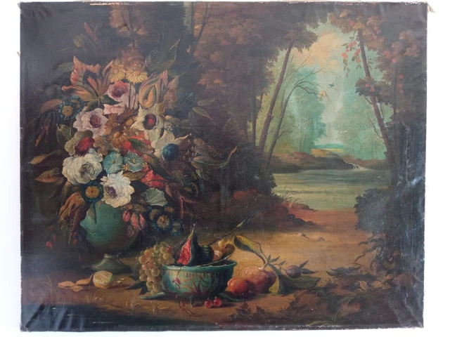 TABLEAU ANCIEN BOUQUET de Fleurs paysage Huile sur toile Nature Morte XIXème EUR 400,00 ...