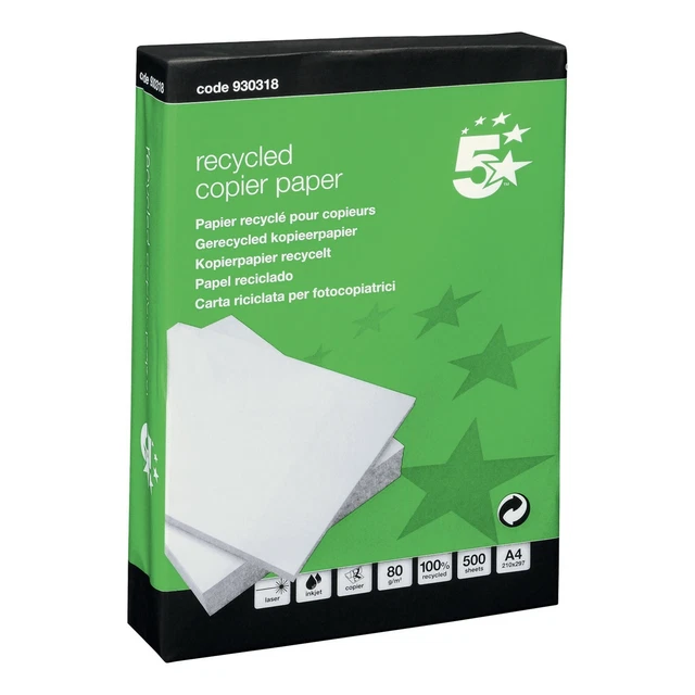 5 STAR 930318 Copier Paper Recycled Ream-Wrapped 80gsm A4 White £12.99 ...
