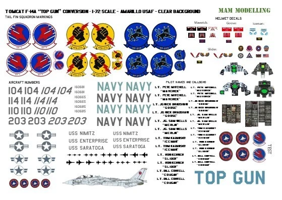 1:72 TOP GUN F-14A Tomcat Conversion Decals (F-14 VF-1 VF-213 VFA-213 ...