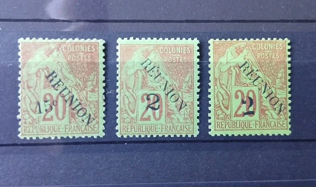RÉUNION – 15C signé expert + deux 2c noir variété couleur (lot 3) rare ...