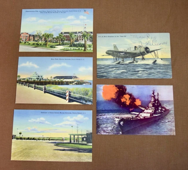 5 WW2-ERA MILITARY postcards-seaplane, Parris Island, & USS Missouri ...