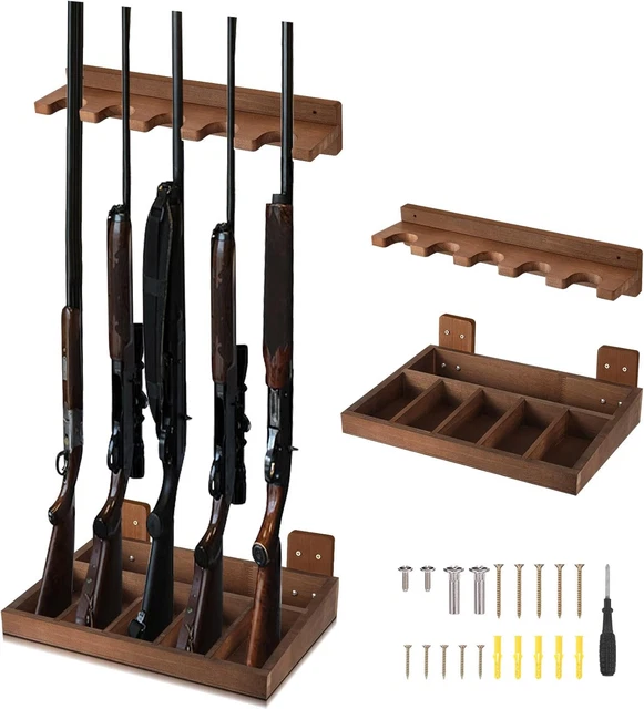 RIFLE GUN RACK Wall Mount Indoor Hold up to 5 Long Guns Wood Gun ...